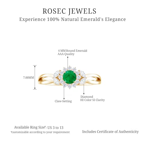 Rosec Jewels Natural Emerald Diamond Flower Ring for Women, AAA Quality, Certified Emerald Flower Engagement Ring, 14K Yellow Gold, Size:US 7.50