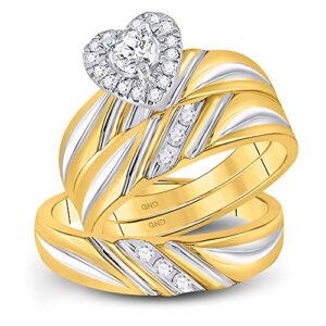 10kt yellow gold his hers round diamond heart matching wedding set 3/8 cttw