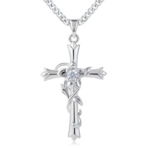 lourny silver cross necklace for women, cross pendant necklace with cubic zirconia for mother dainty gift (daffodils)