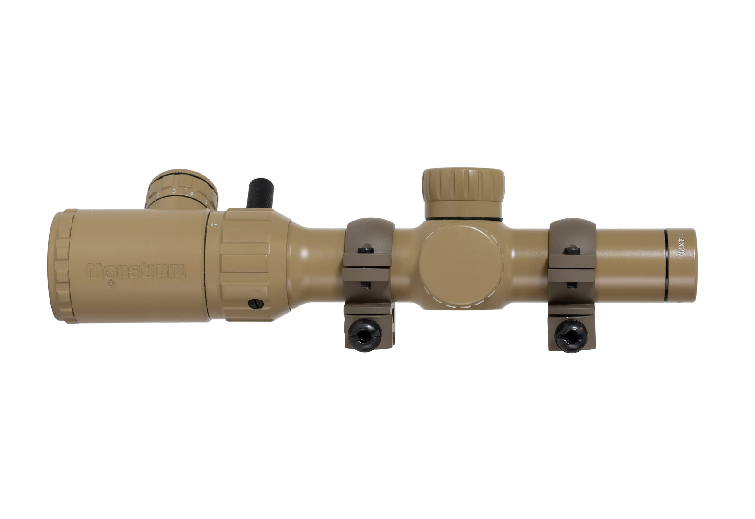 Monstrum 1-4x20 Rifle Scope | Flat Dark Earth | Monstrum Picatinny Scope Rings with Integrated Level Bubble | Bundle