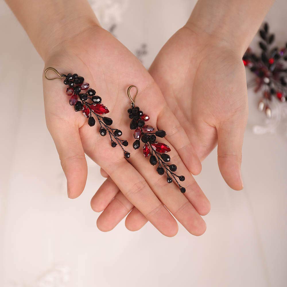 BERYUAN Baroque Earring Black Red Rhinestone Wedding Earrings for Bride