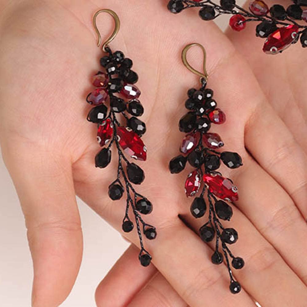 BERYUAN Baroque Earring Black Red Rhinestone Wedding Earrings for Bride