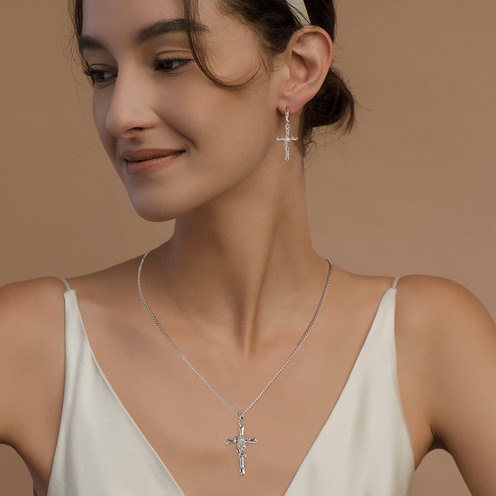 Lourny Silver Cross Necklace for Women, Cross Pendant Necklace with Cubic Zirconia for Mother Dainty Gift (Daffodils)