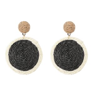 bohemian woven straw wicker raffia rattan dangle earrings geometric circle round statement drop earrings for women summer beach boho jewelry-straw black