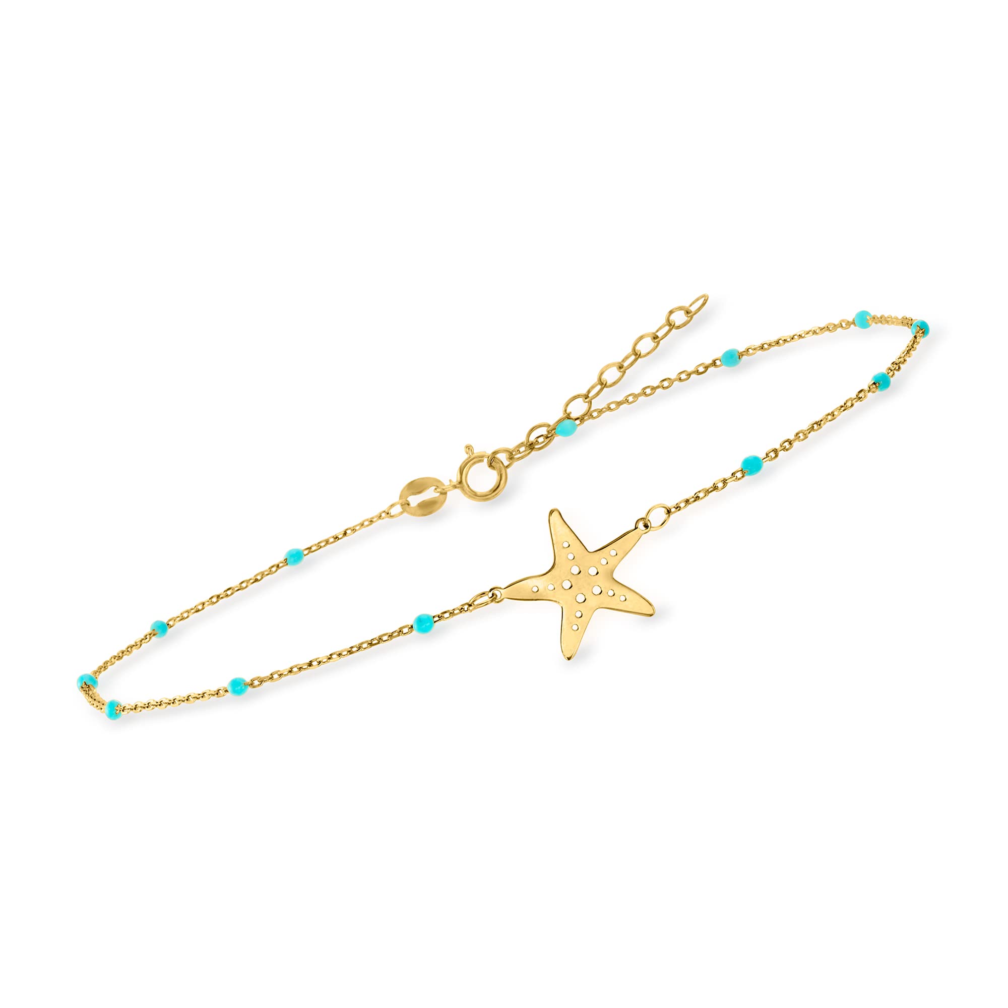 RS Pure by Ross-Simons Italian 14kt Yellow Gold Starfish and Blue Enamel Station Anklet. 9 inches