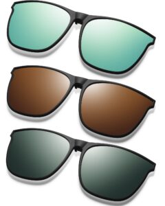 frienda 3 pair oversize polarized clip-on sunglasses large anti-glare tr90 frame flip up driving glasses for women men (green, dark green, brown)