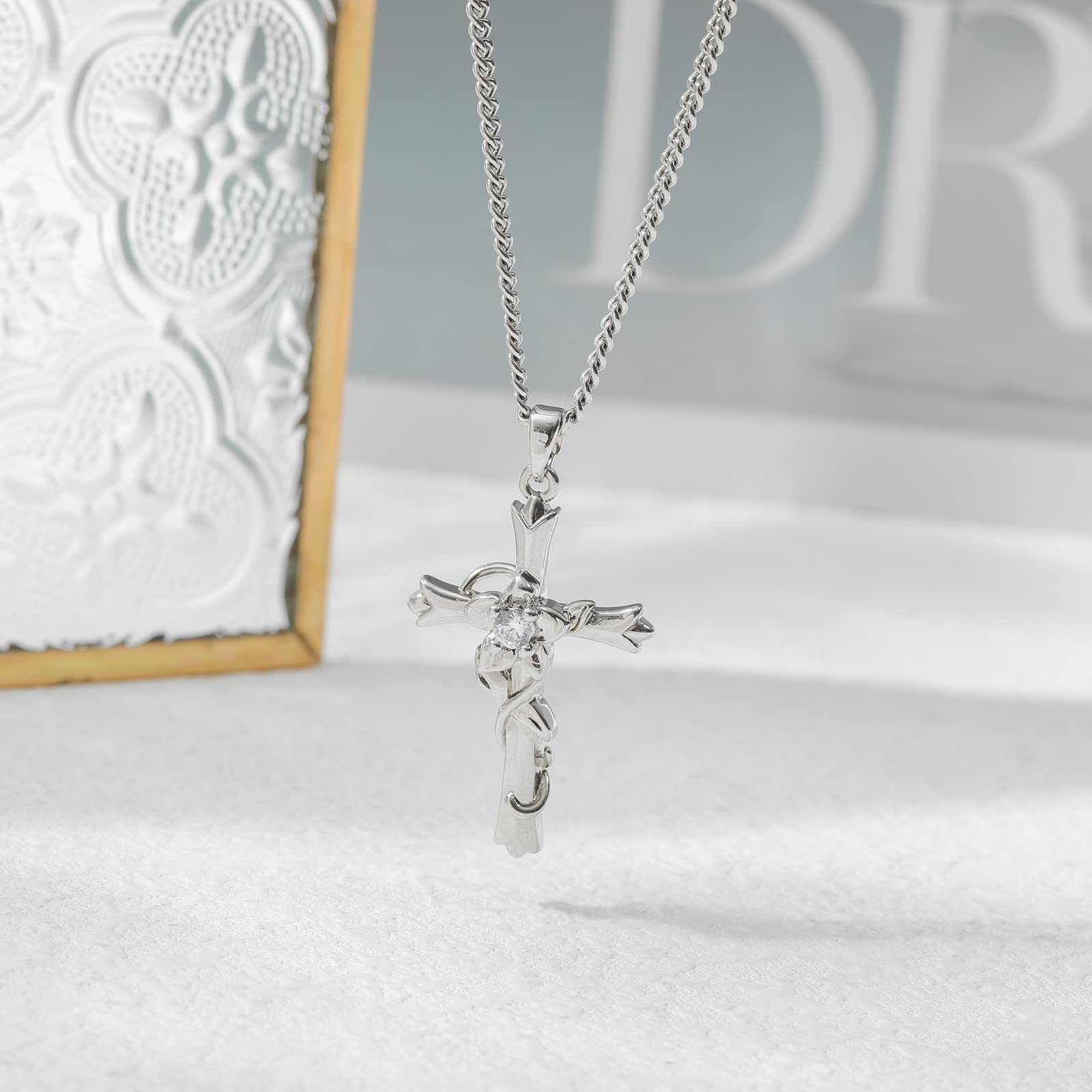 Lourny Silver Cross Necklace for Women, Cross Pendant Necklace with Cubic Zirconia for Mother Dainty Gift (Daffodils)