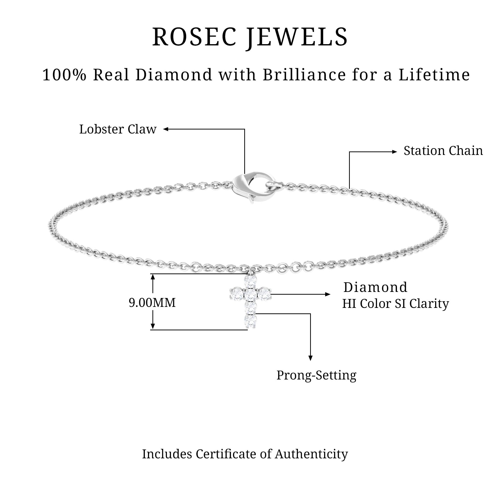 Rosec Jewels Certified Diamond Cross Charm Bracelet for Women, HI-SI Quality, Natural Diamond Stackable Religious Chain Bracelet, 14K Yellow Gold