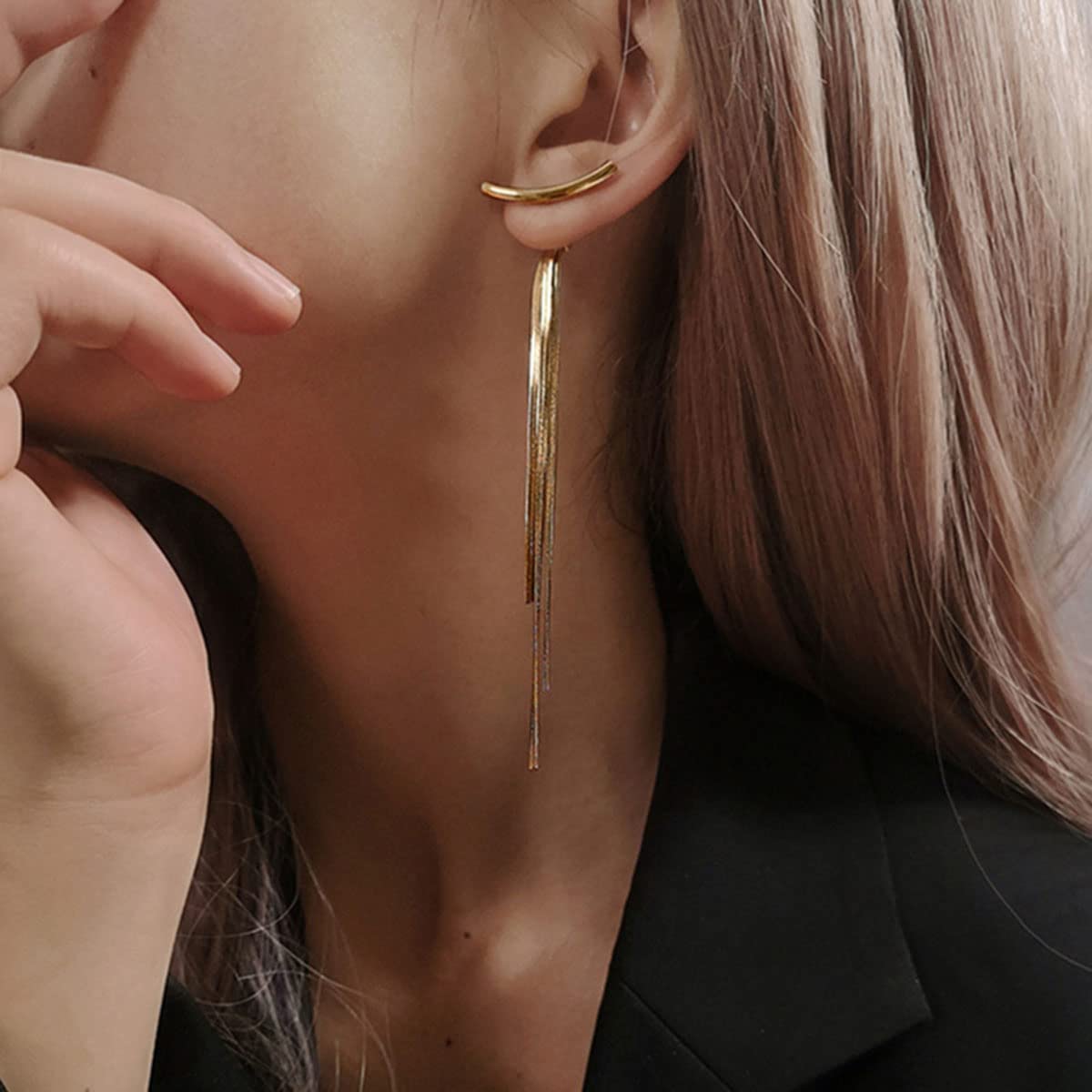 Long Tassel Dangle Earrings for Women Gold Silver Chain Tassel Earrings Punk Sleek Metal Chain Earrings Hypoallergenic Lightweight Tassel Drop Earrings (Gold2)