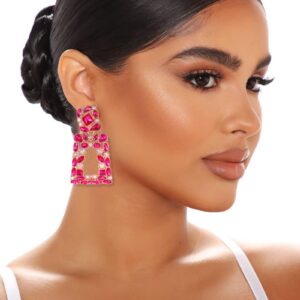 Hot Pink Rhinestone Rectangle Dangle Earrings Trendy Sparkly Crystal Geometric Drop Statement Earrings hypoallergenic for Women