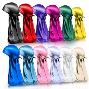 bigeddie 12pcs durag pack, durags for men silky, silk durag for men women waves, satin du rag with long tail and wide straps 12 colors