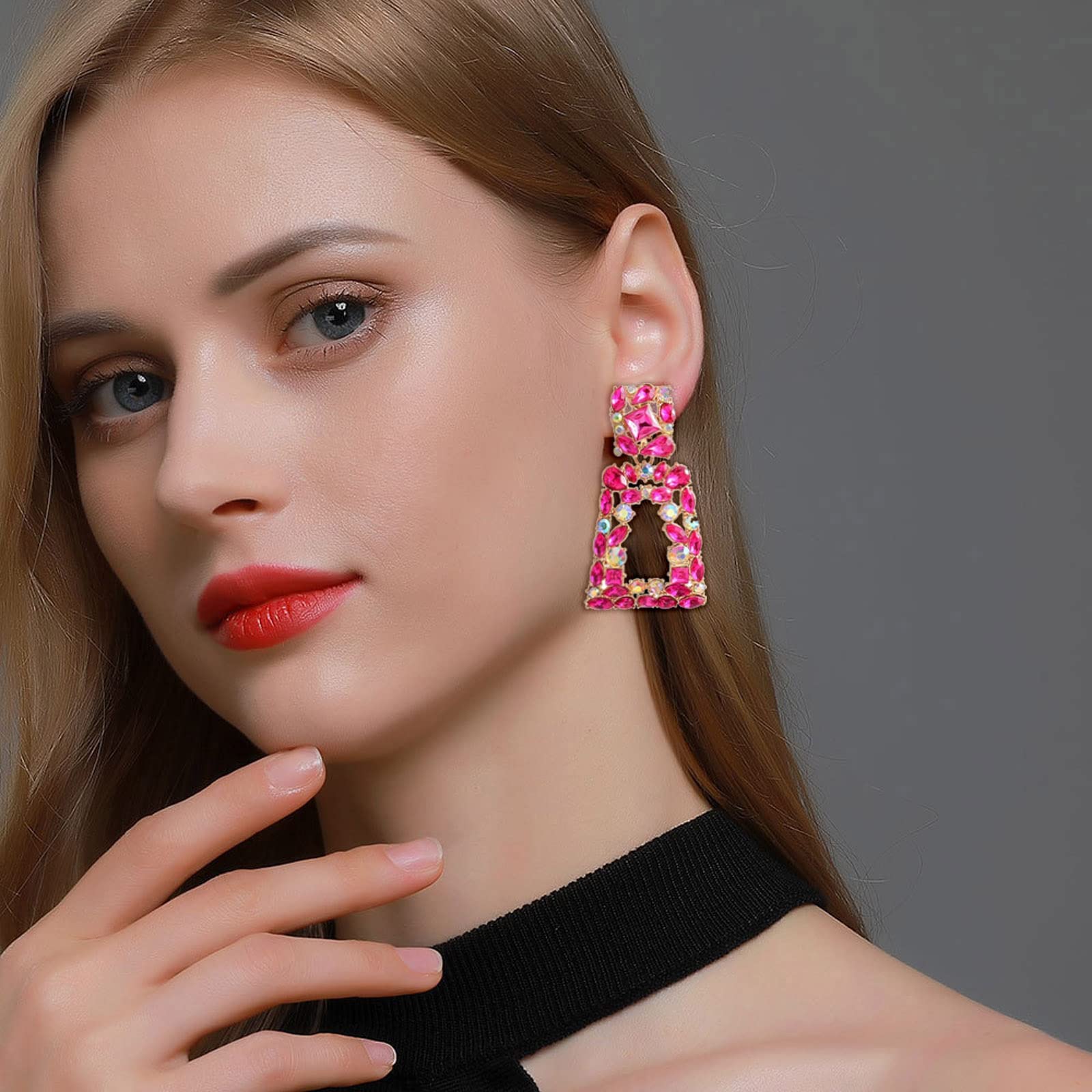 Hot Pink Rhinestone Rectangle Dangle Earrings Trendy Sparkly Crystal Geometric Drop Statement Earrings hypoallergenic for Women