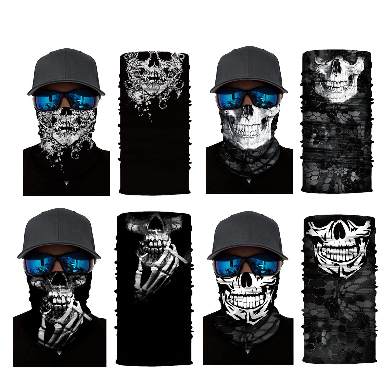 WYSUMMER 8PCS Scarves Bandanas Skull Face Tube Black Headband, Motorcycle Multi Function Headwear Hat Scarf Ski Mask (Skull 3)