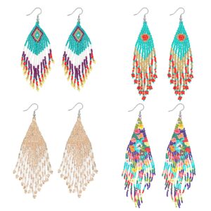 tuanse 4 pairs long beaded tassel earrings bohemia colorful handmade beaded earrings seed bead statement fringe drop dangle earrings boho jewelry for women gifts, 4 styles