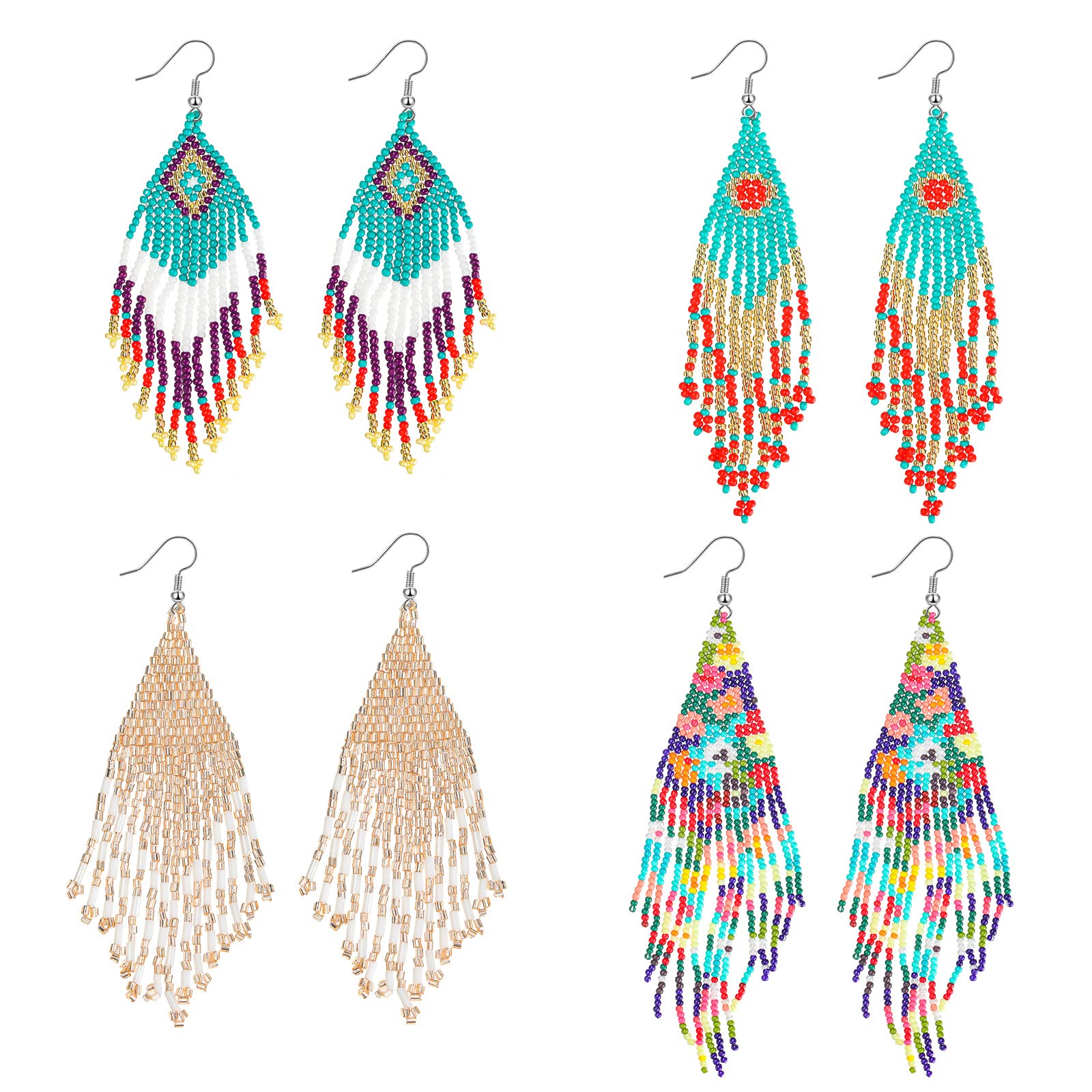 Tuanse 4 Pairs Long Beaded Tassel Earrings Bohemia Colorful Handmade Beaded Earrings Seed Bead Statement Fringe Drop Dangle Earrings Boho Jewelry for Women Gifts, 4 Styles