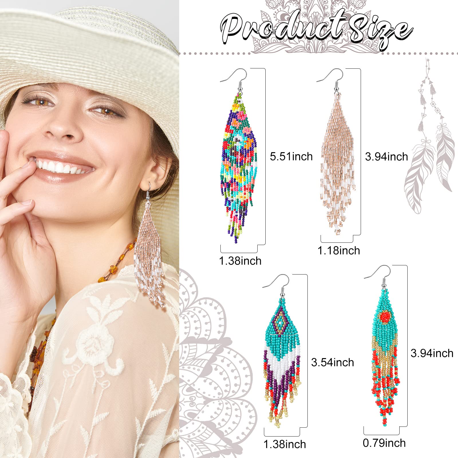 Tuanse 4 Pairs Long Beaded Tassel Earrings Bohemia Colorful Handmade Beaded Earrings Seed Bead Statement Fringe Drop Dangle Earrings Boho Jewelry for Women Gifts, 4 Styles