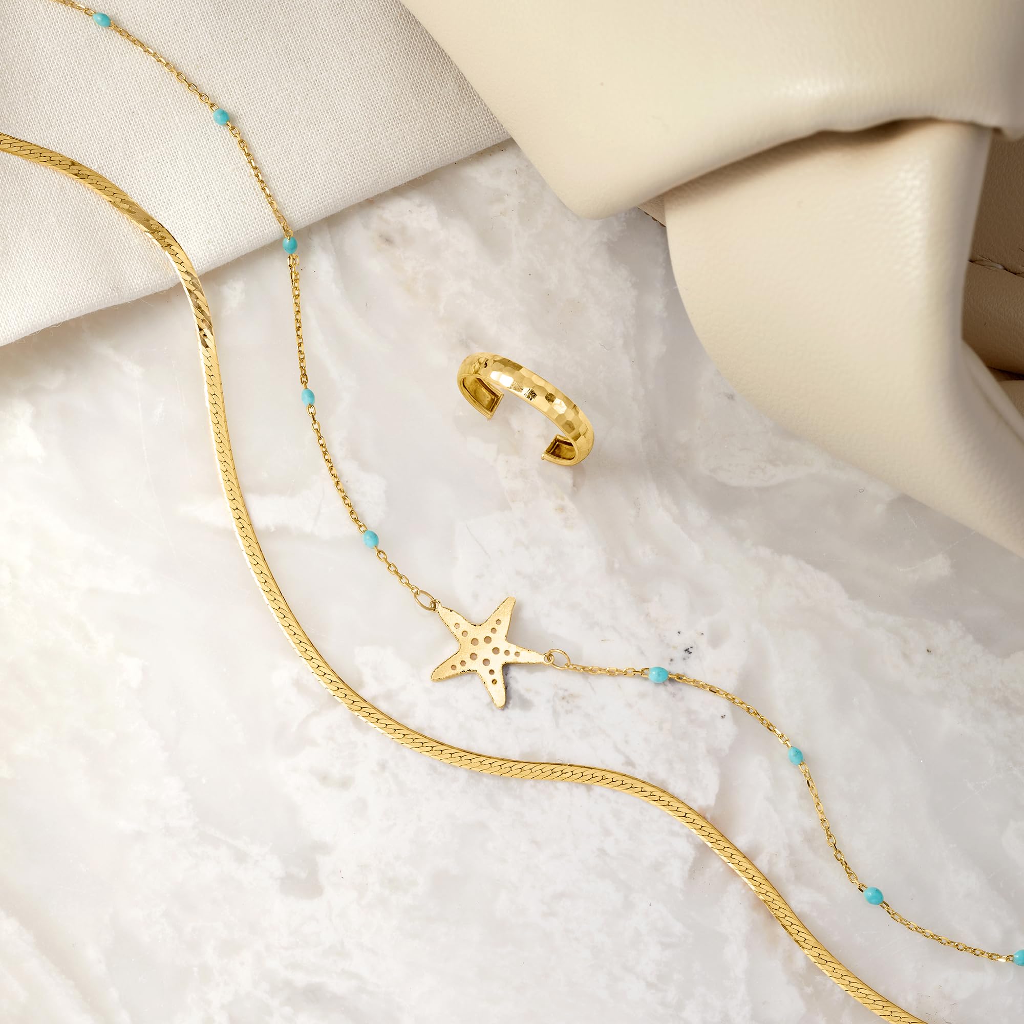 RS Pure by Ross-Simons Italian 14kt Yellow Gold Starfish and Blue Enamel Station Anklet. 9 inches