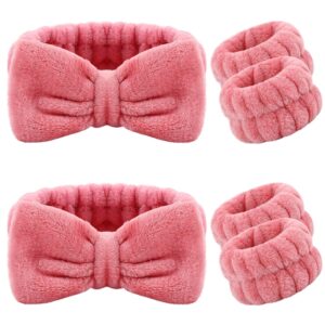 6 pieces spa headband wrist washband scrunchies cuffs for washing face, towel wristbands hair headband face wash wristband for women girls makeup prevent liquids from spilling down your arms (pink)