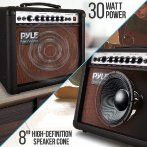 PyleUsa Portable Electric Guitar Amplifier, 30 Watt Power, 8 Inch High-Definition Speaker, Bass, Dual Inputs, Overdrive, Digital Delay, Amp Control Volume, EQ for Beginner and Advance Practice