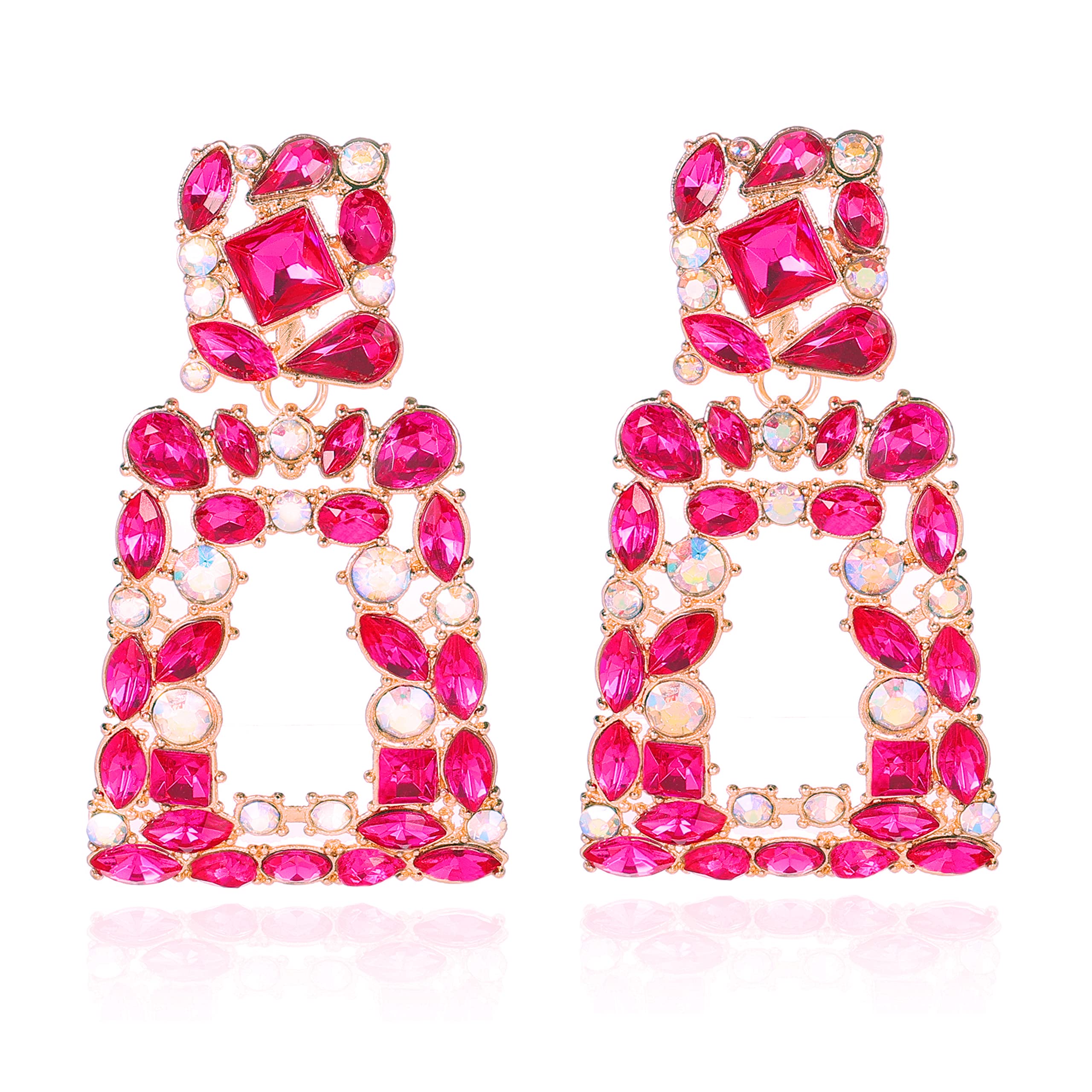 Hot Pink Rhinestone Rectangle Dangle Earrings Trendy Sparkly Crystal Geometric Drop Statement Earrings hypoallergenic for Women