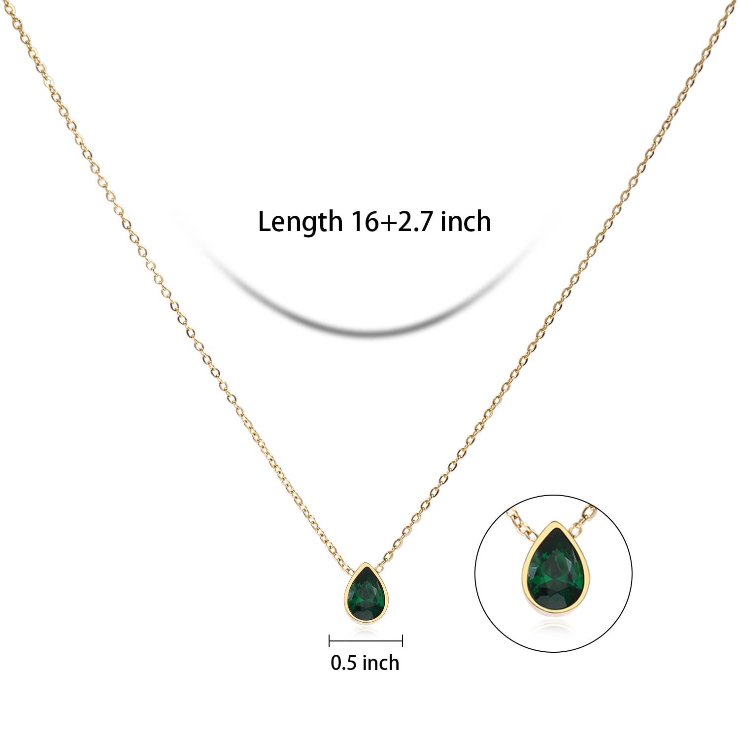 Badu 18K Gold Green Created Gemstones 7x10mm teardrop Necklace for Women Solitaire Cubic Zirconia Jewelry Mothers Day Anniversary Birthday Gifts for Mom Wife Her