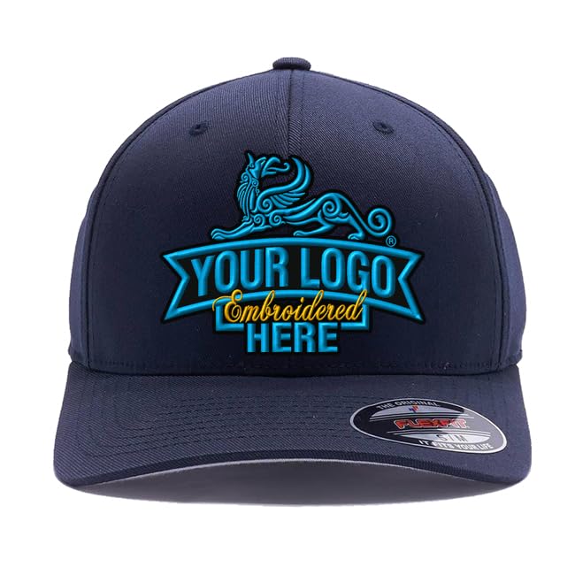 Custom Embroidered Flex Baseball hat. Flex Baseball 6277/6477 Baseball Cap. Place Your Own Logo or Design (S/M, Deep Navy)