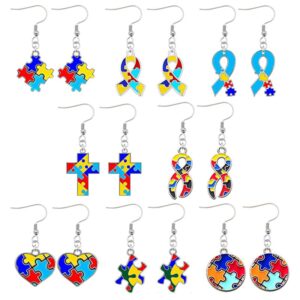 dreuyet 8 pairs autism awareness earring set for women creative multi color awareness jigsaw autism puzzle geometric earrings jewelry (8 pairs autism puzzle)