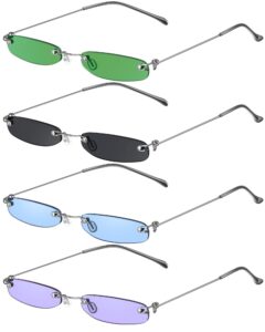 4 pairs women thin vintage sunglasses rectangle sunglasses small skinny glasses retro designer style rimless sunglasses with metal frame narrow vintage eyewear for men women