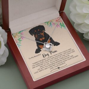 Rottweiler Dog Mom, Necklace for My Rottweiler Fur Mom, Rottweiler Dog Portrait Message Card for my Dog Mum, Dog Mom Jewelry Present Pet Owner Mahogany Style Luxury Box (w/LED) - Love Knot