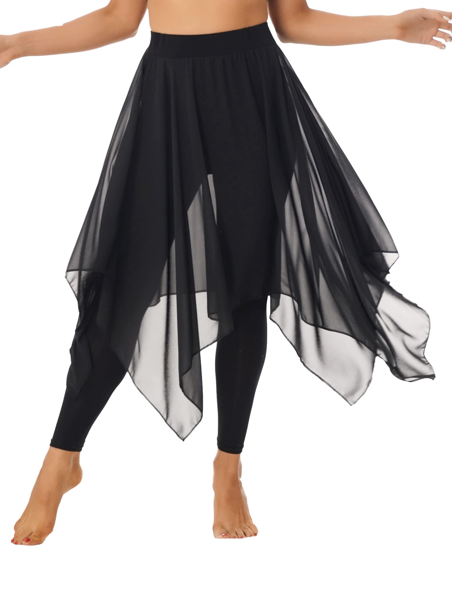 XUNZOO Skirted Leggings for Women Flowy Asymmetric Sheer Chiffon Skirts Ballet Yoga Latin Dance Pantskirt Black 3X-Large