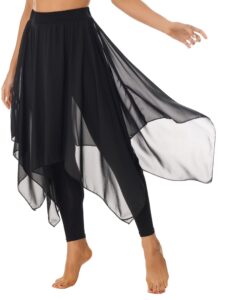 xunzoo skirted leggings for women flowy asymmetric sheer chiffon skirts ballet yoga latin dance pantskirt black 3x-large