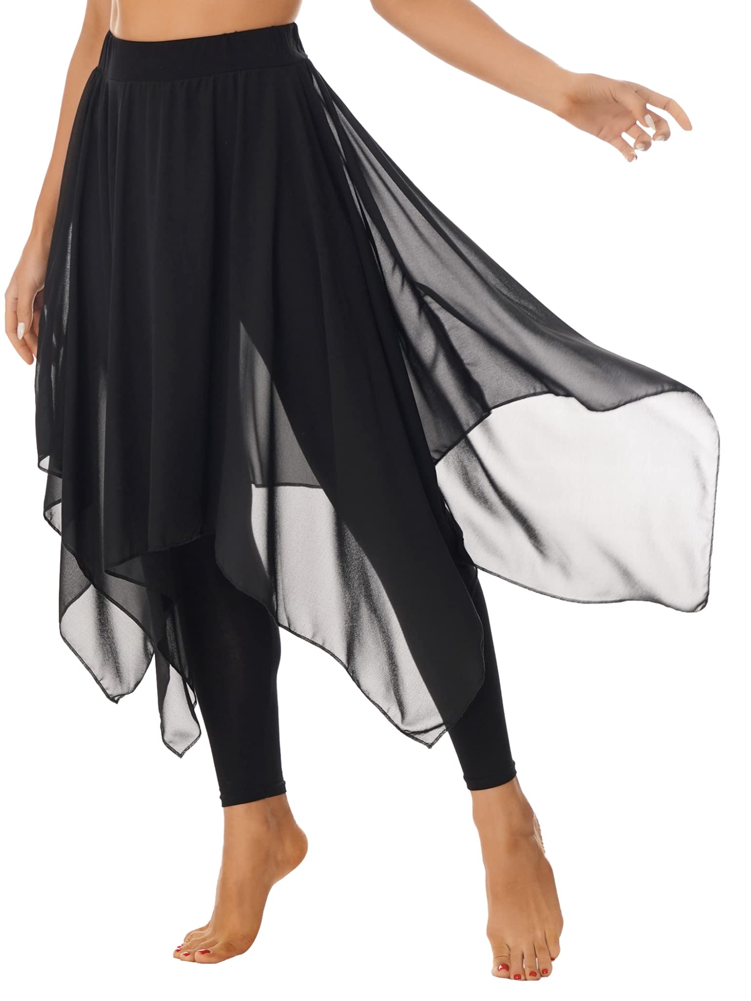 XUNZOO Skirted Leggings for Women Flowy Asymmetric Sheer Chiffon Skirts Ballet Yoga Latin Dance Pantskirt Black 3X-Large