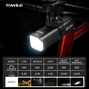 TOWILD CL1200 Bike Lights for Night Riding,Compatible with Garmin/GoPro Mount,1200 Lumen Bright Bike Headlight,4000mAh Rechargeable Battery,Waterproof Bike Front Light for Commuter Cyclists