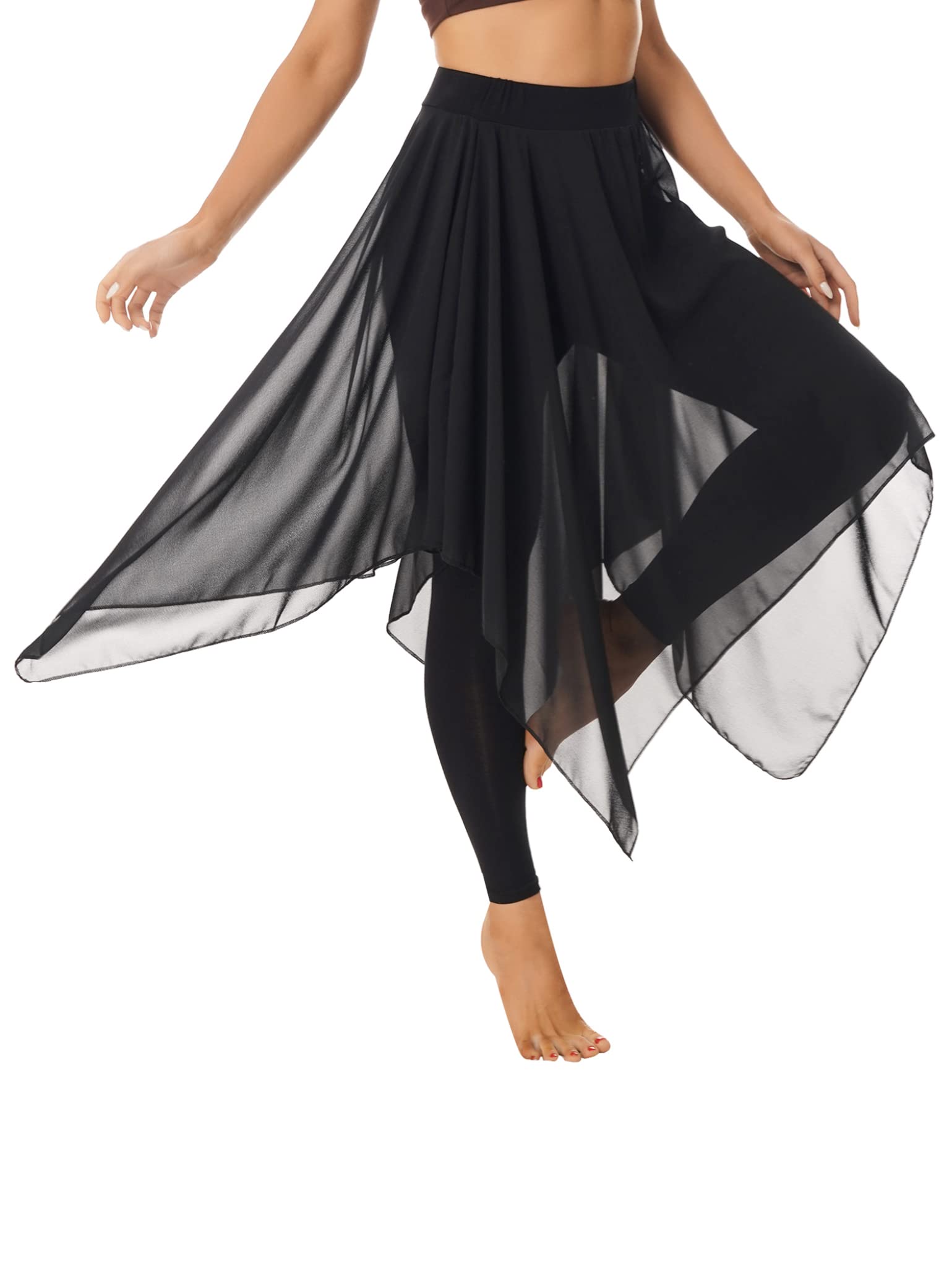 XUNZOO Skirted Leggings for Women Flowy Asymmetric Sheer Chiffon Skirts Ballet Yoga Latin Dance Pantskirt Black 3X-Large