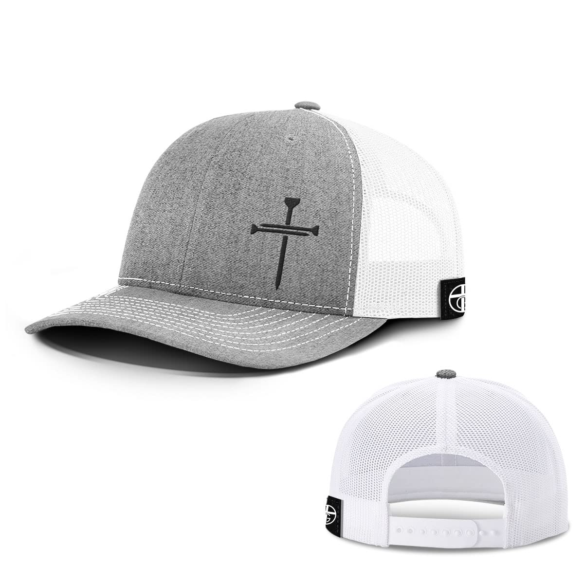 Nail Cross Christian Trucker Hat - Adjustable Fit Cotton Snapback Hat - Breathable Mesh Side for Casual Wear (Heather Front/White Mesh)