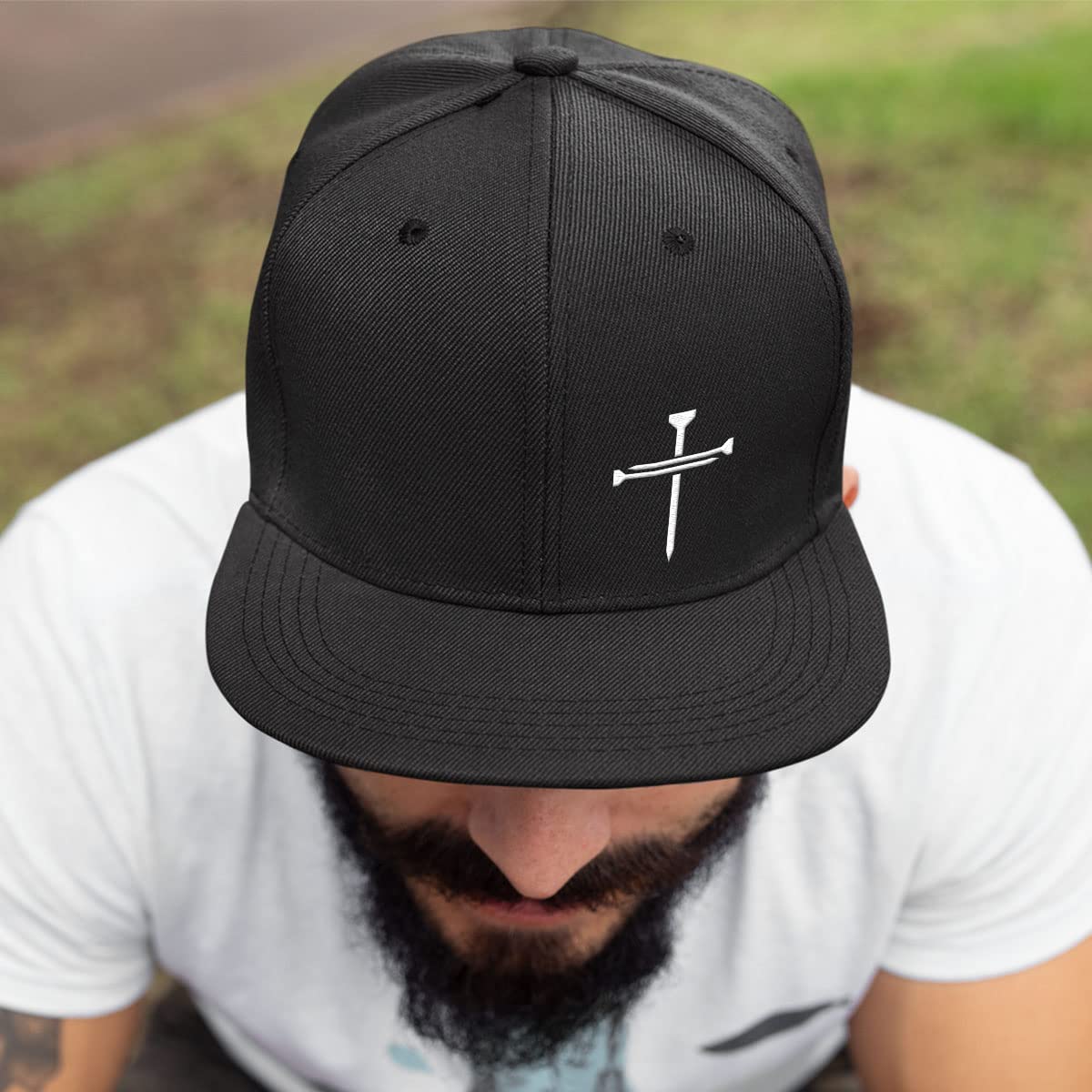 Nail Cross Christian Trucker Hat - Adjustable Fit Cotton Snapback Hat - Breathable Mesh Side for Casual Wear (Heather Front/White Mesh)