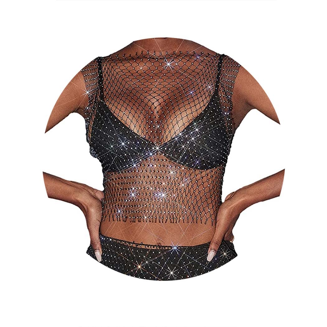 Yokawe Mesh Crystal Body Chain Black Rhinestone Fishnet Tank Tops See Through Bikini Party Body Accessories Jewelry for Women (Black)