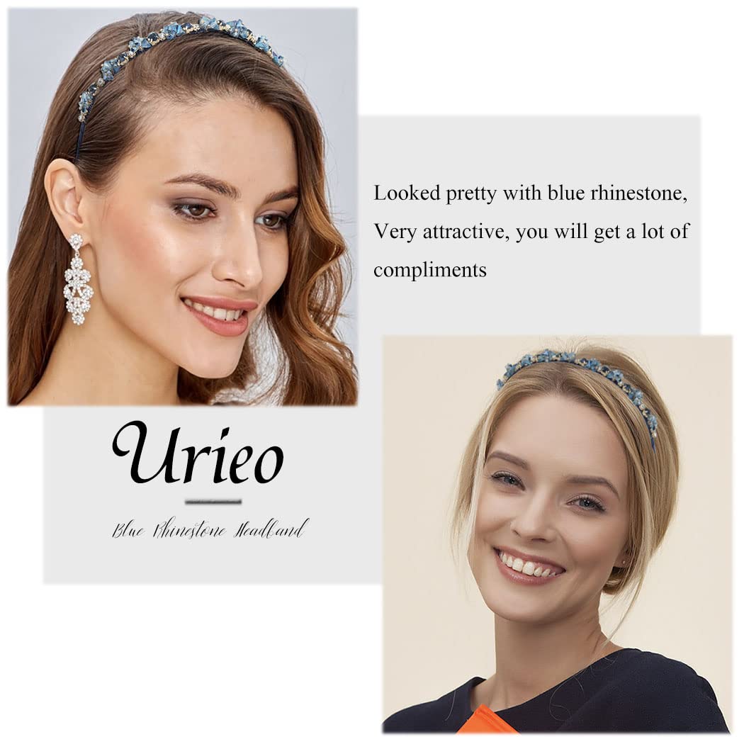 Urieo Thin Rhinestone Headband Bling Crystal Head Bands Diamond Hairband Vintage Parties Hair Accessory for Women (Blue)