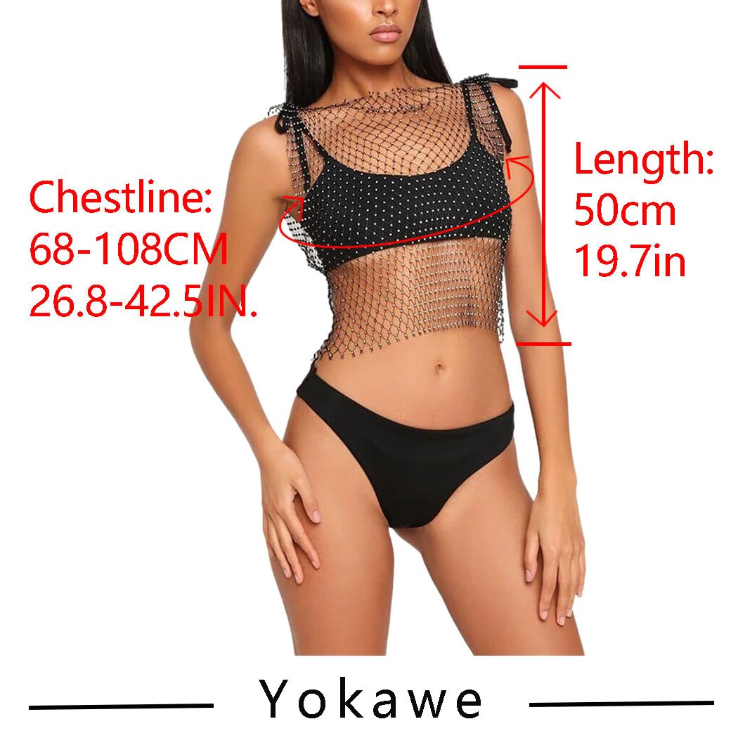 Yokawe Mesh Crystal Body Chain Black Rhinestone Fishnet Tank Tops See Through Bikini Party Body Accessories Jewelry for Women (Black)