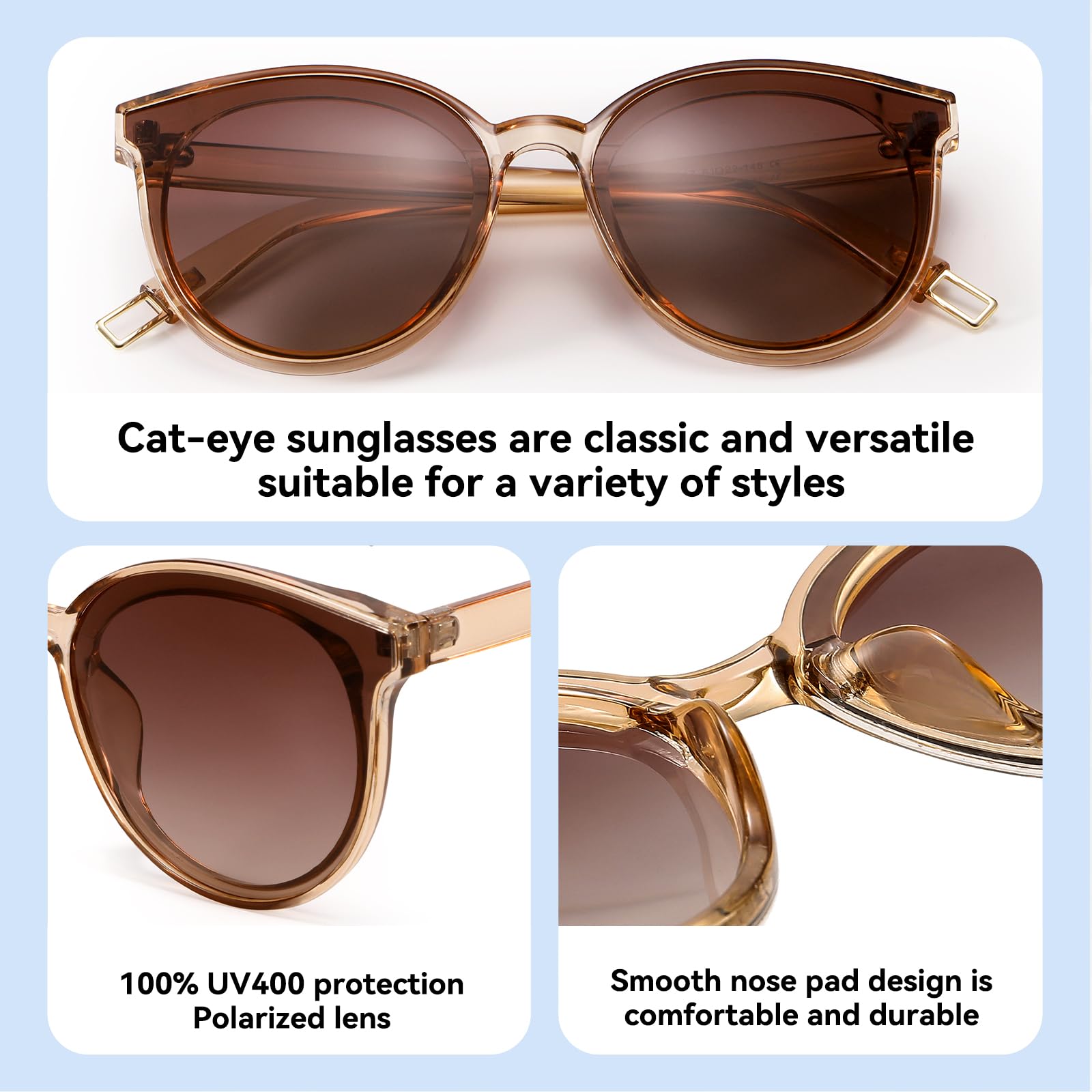 Polarized Oversized Sunglasses for Women Men Trendy Cateye Brown Sun Glasses Retro Large Frame Shades Transparent Brown and black