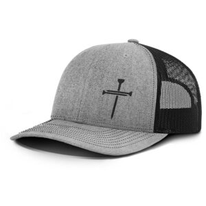 nail cross christian trucker hat - adjustable fit cotton snapback hat - breathable mesh side for casual wear (heather front/black mesh)