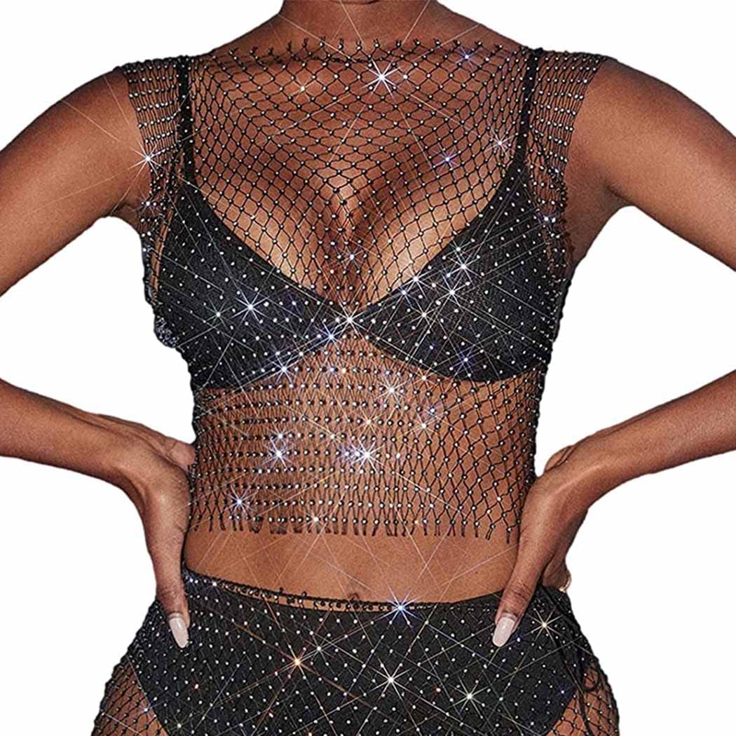 Yokawe Mesh Crystal Body Chain Black Rhinestone Fishnet Tank Tops See Through Bikini Party Body Accessories Jewelry for Women (Black)