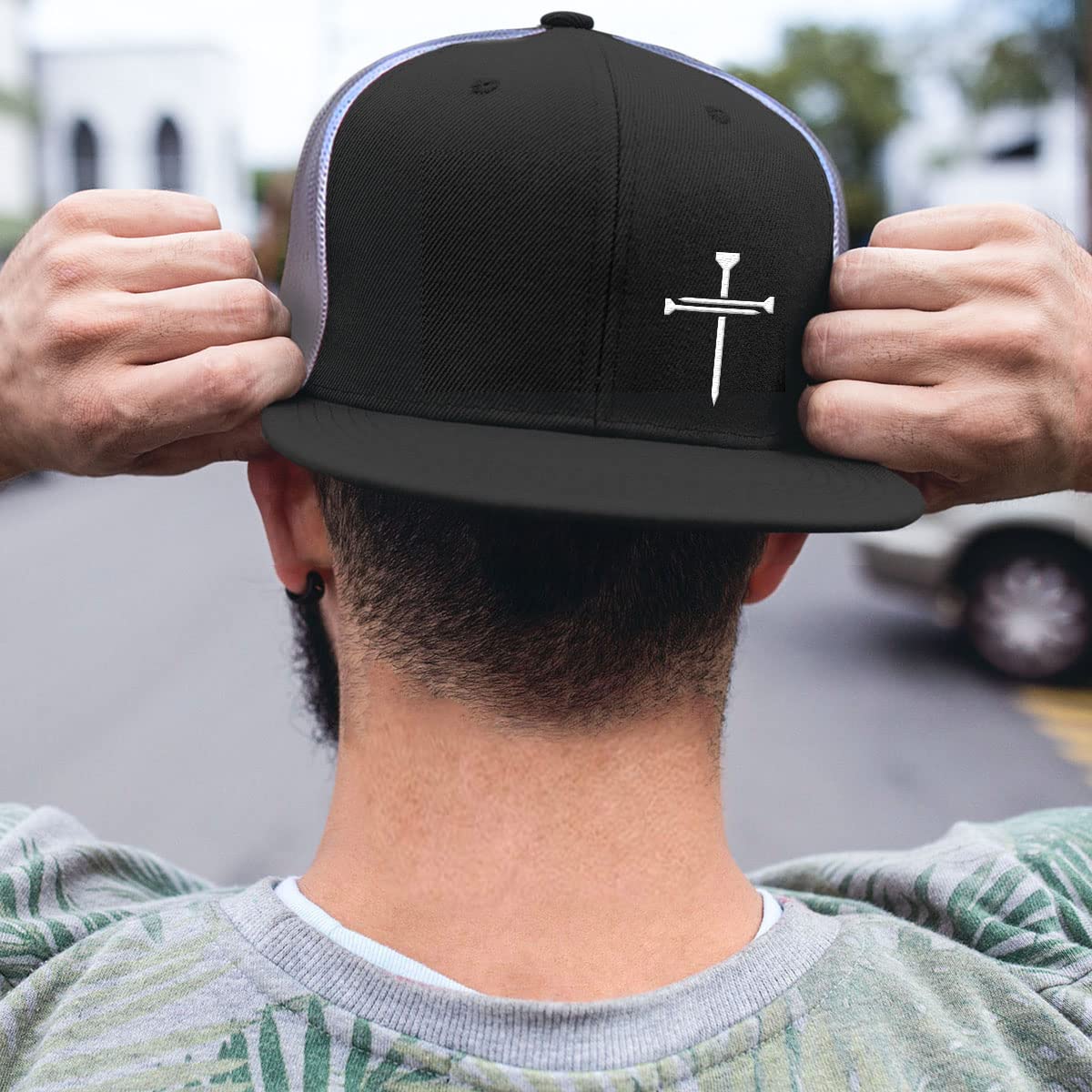 Nail Cross Christian Trucker Hat - Adjustable Fit Cotton Snapback Hat - Breathable Mesh Side for Casual Wear (Heather Front/White Mesh)