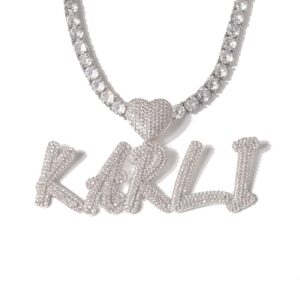 iced out personalized cursive name heart necklace, custom nameplate pendant handmade with cuban link chain, hip hop initial letter diamond jewelry gifts gold and silver color plated for man and woman (silver/heart hook)