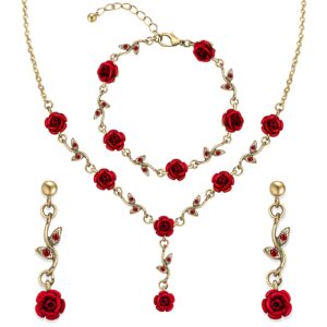 yomlry 3pcs rose red jewelry s925 red flower necklaces for women red rose flower dangle earrings rose bracelet rose gold prom jewelry sets for women bride wedding red rose