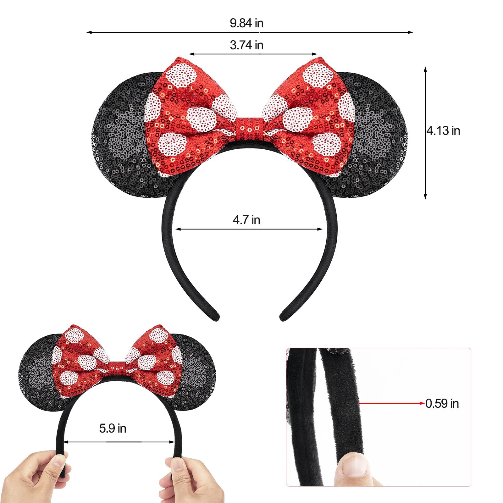 YUNISS 2 PCS Mouse Ears, Shiny Red Sequin Bow Mouse Ears Headbands for Adult Women Girls Christmas Birthday Party (Red&dot bow)