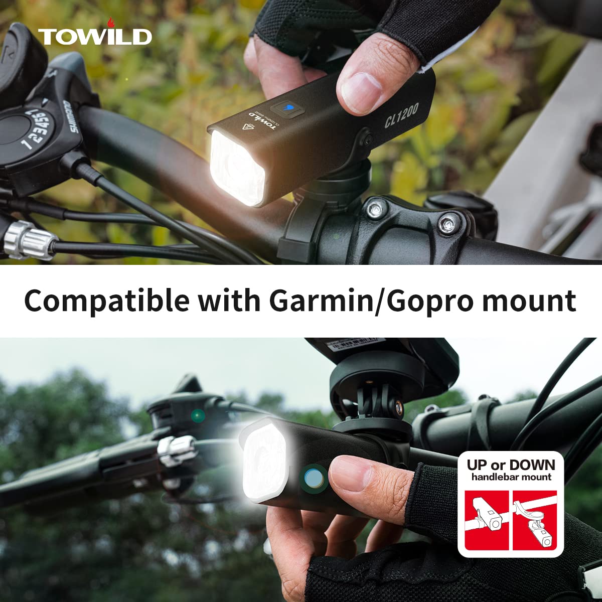 TOWILD CL1200 Bike Lights for Night Riding,Compatible with Garmin/GoPro Mount,1200 Lumen Bright Bike Headlight,4000mAh Rechargeable Battery,Waterproof Bike Front Light for Commuter Cyclists