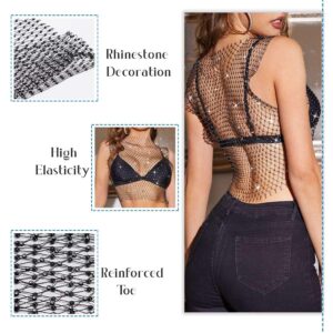 Yokawe Mesh Crystal Body Chain Black Rhinestone Fishnet Tank Tops See Through Bikini Party Body Accessories Jewelry for Women (Black)