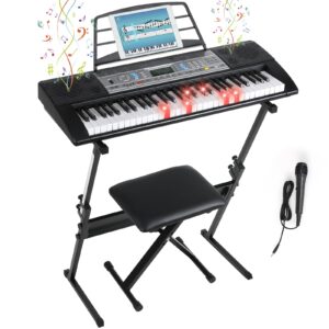 mamizo 61 key keyboard piano, electric piano keyboard for beginners with x-stand, stool, microphone, dual power supply, 3 teaching modes, lcd, supports usb midi, perfect for children