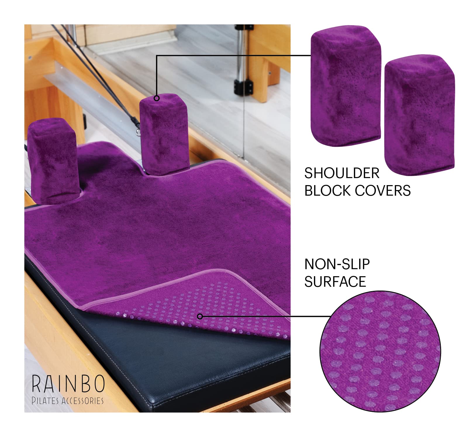 RAINBO Pilates Reformer Non-Slip Mat Towel (Included 2 Pcs Shoulder Block Covers) (Purple), Multicolor